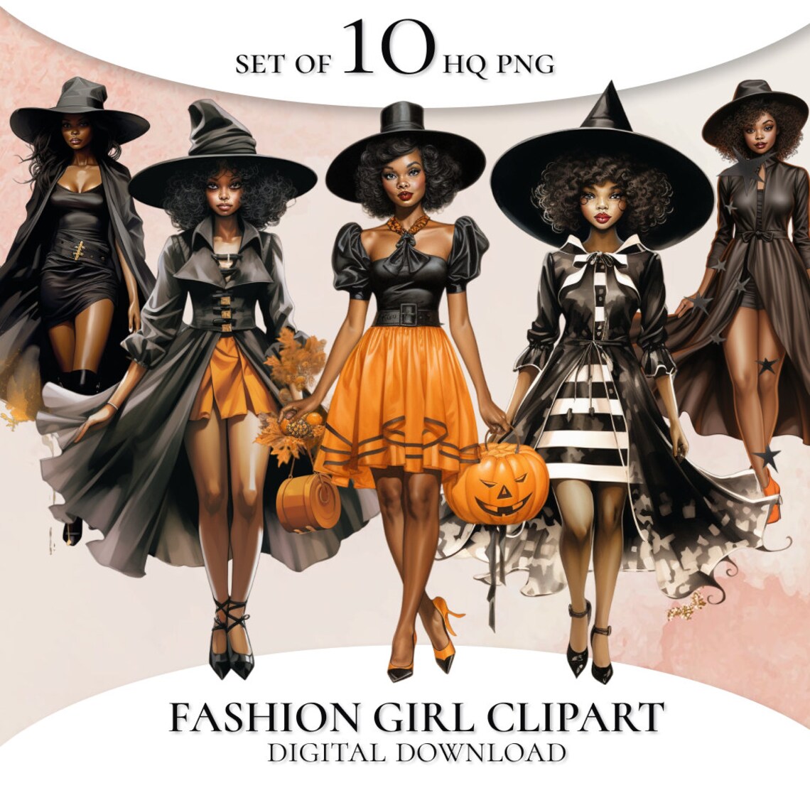 Halloween Witch Fashion Clipart, Black Girl Clipart, PNG for Stickers ...
