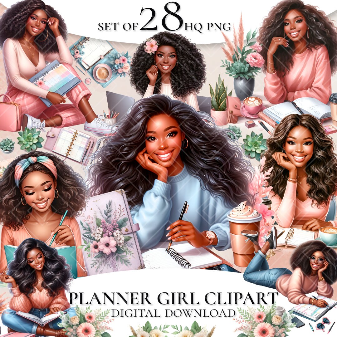 Black Women Clipart, Planner Girl Clipart, Office Girl Clipart, Black ...