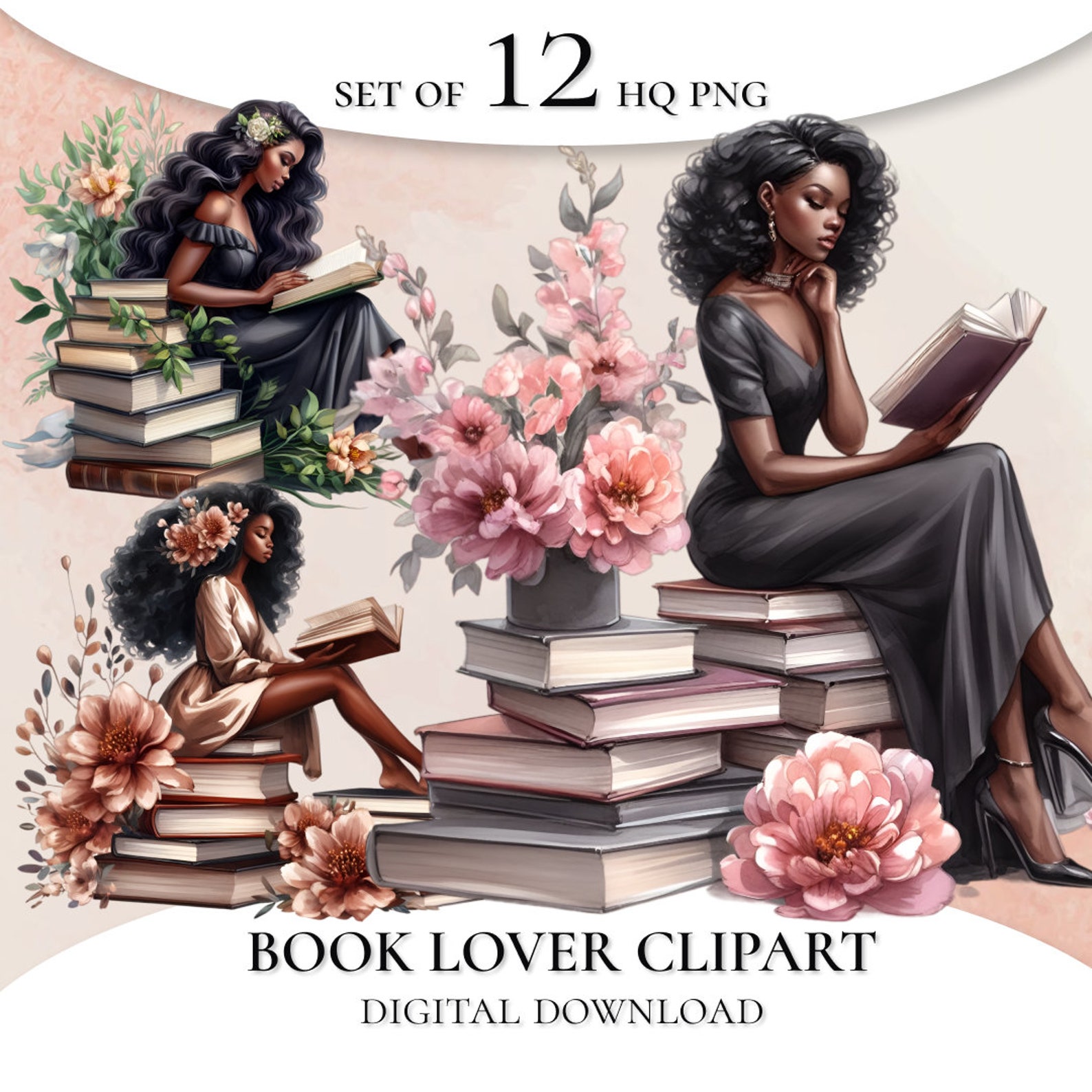 Book Lover Clipart, Books Clipart, Black Woman Clipart, Watercolor ...