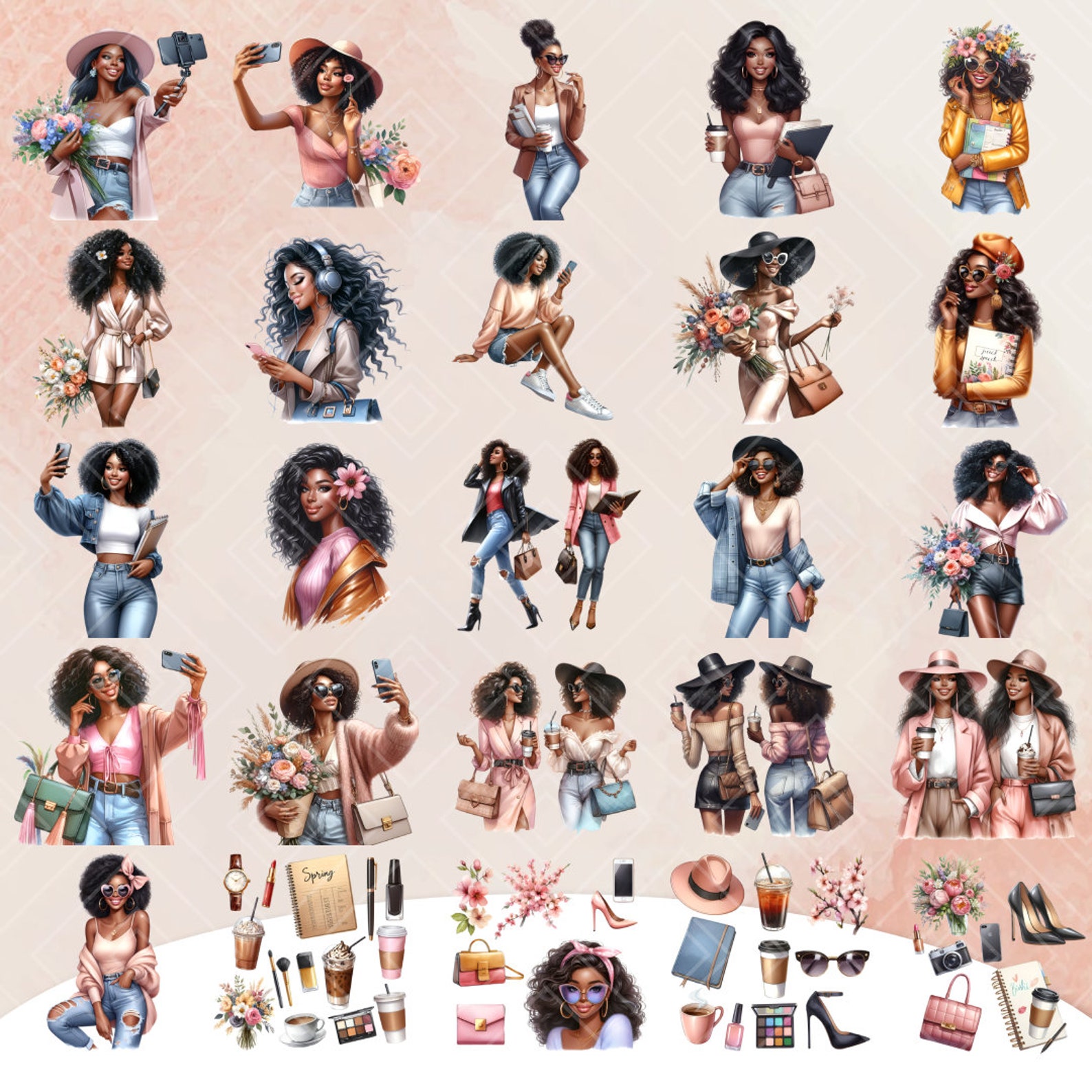 Watercolor Spring Black Girl Clipart: Planner Girl Illustrations ...