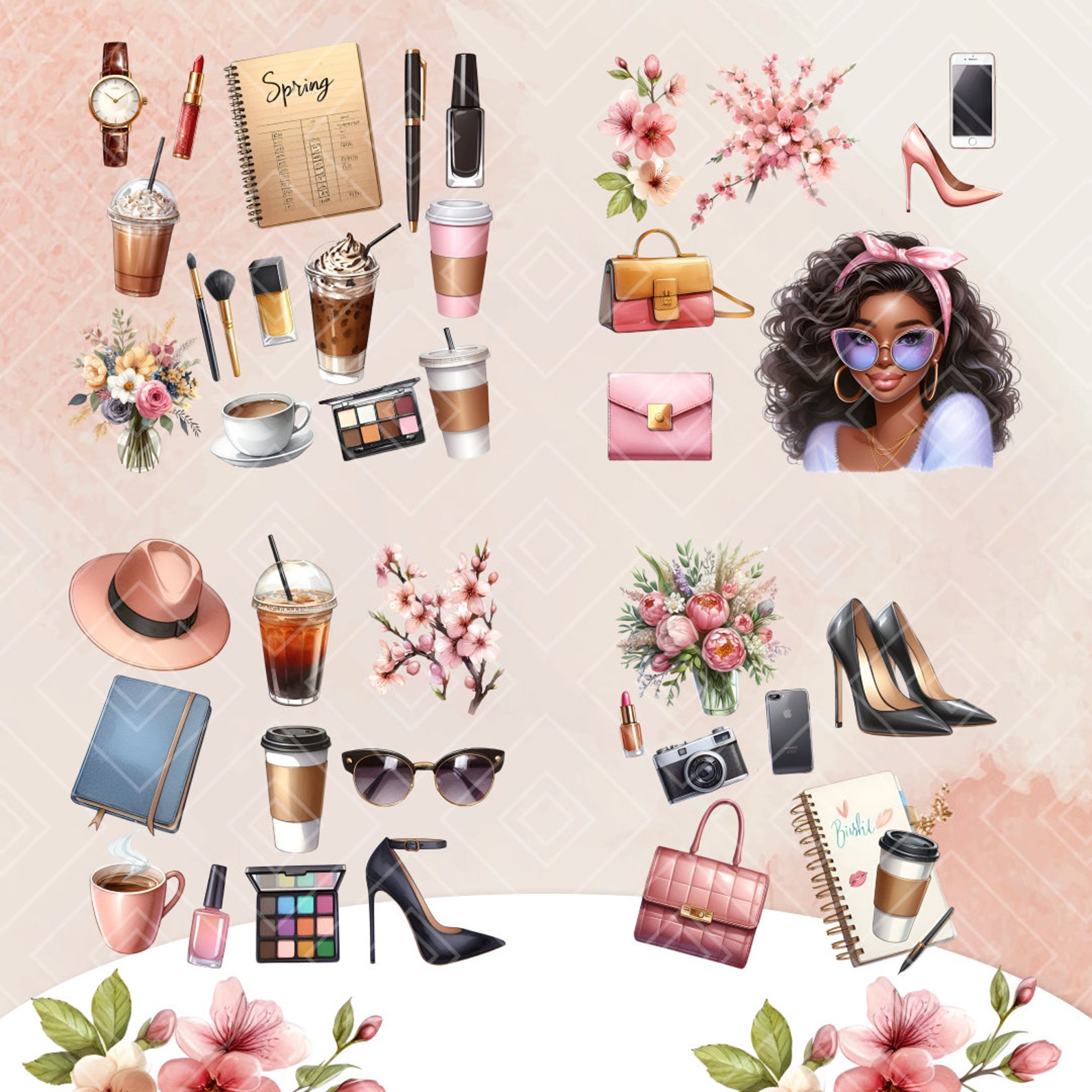 Watercolor Spring Black Girl Clipart: Planner Girl Illustrations ...