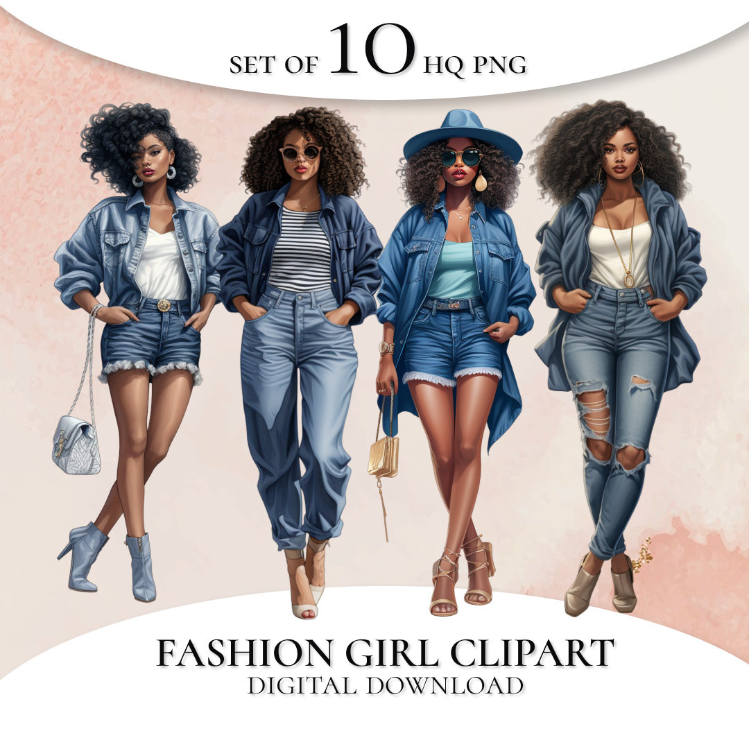 Denim Girl Clipart, Fashion Black Women Clipart, African American Clipart, Street Fashion ...