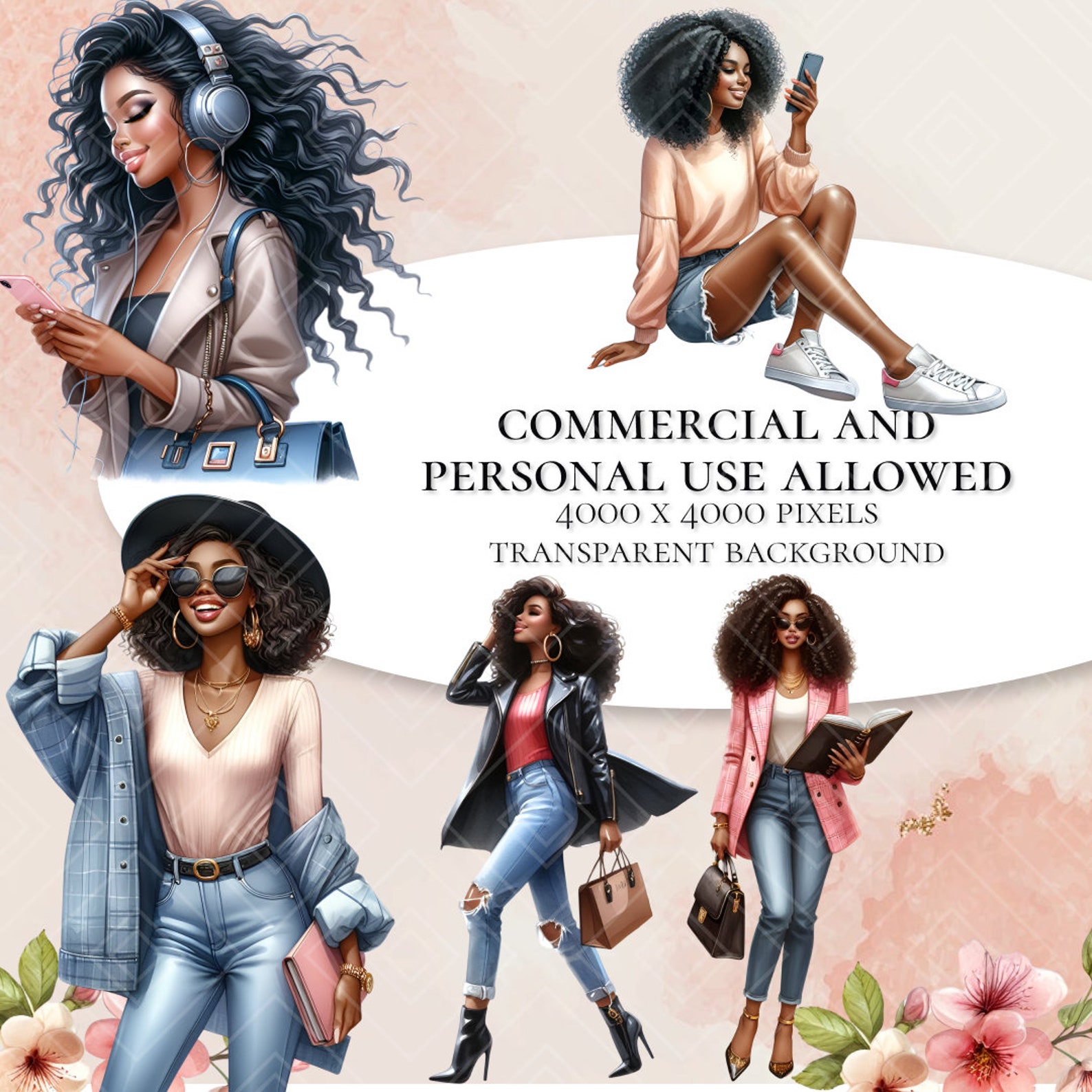 Watercolor Spring Black Girl Clipart: Planner Girl Illustrations ...