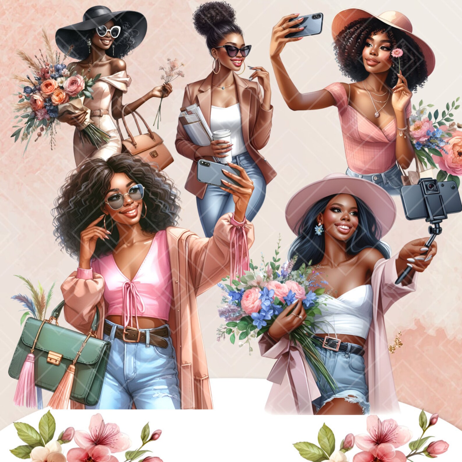 Watercolor Spring Black Girl Clipart: Planner Girl Illustrations ...