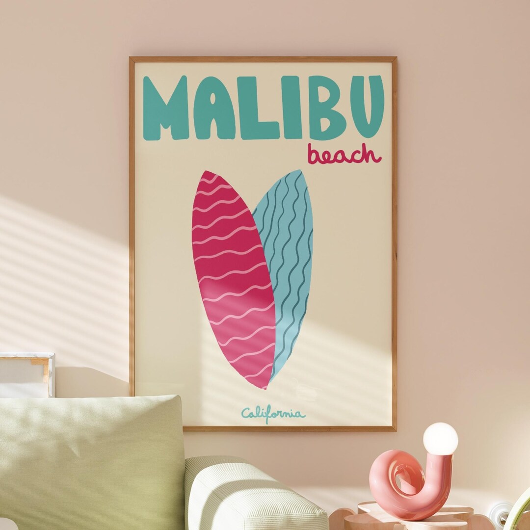 Malibu Poster, Preppy Travel Wall Art, Minimal Tropical Print, Preppy Summer Beach Decor, Trendy ...