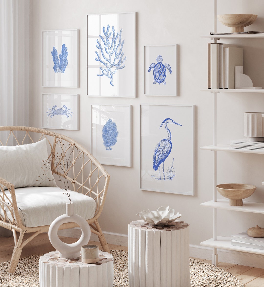 Coral Seaweed, Navy Blue Watercolor Set of 3 Prints, Beach Gallery Wall ...