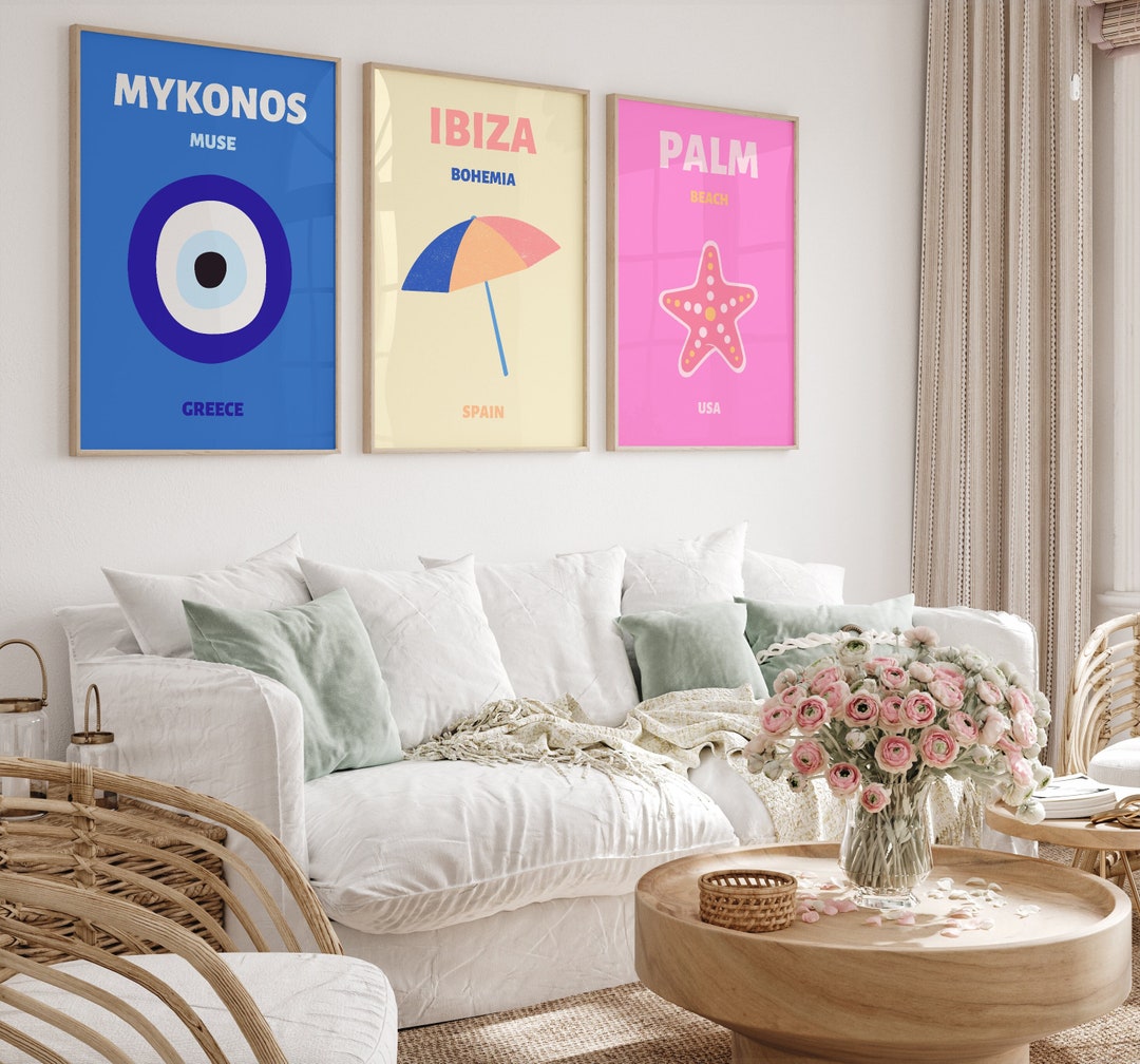 Preppy Set of 3 Travel Prints, Ibiza Mykonos Palm Beach Gallery-preppy Travel Poster-y2k Posters ...