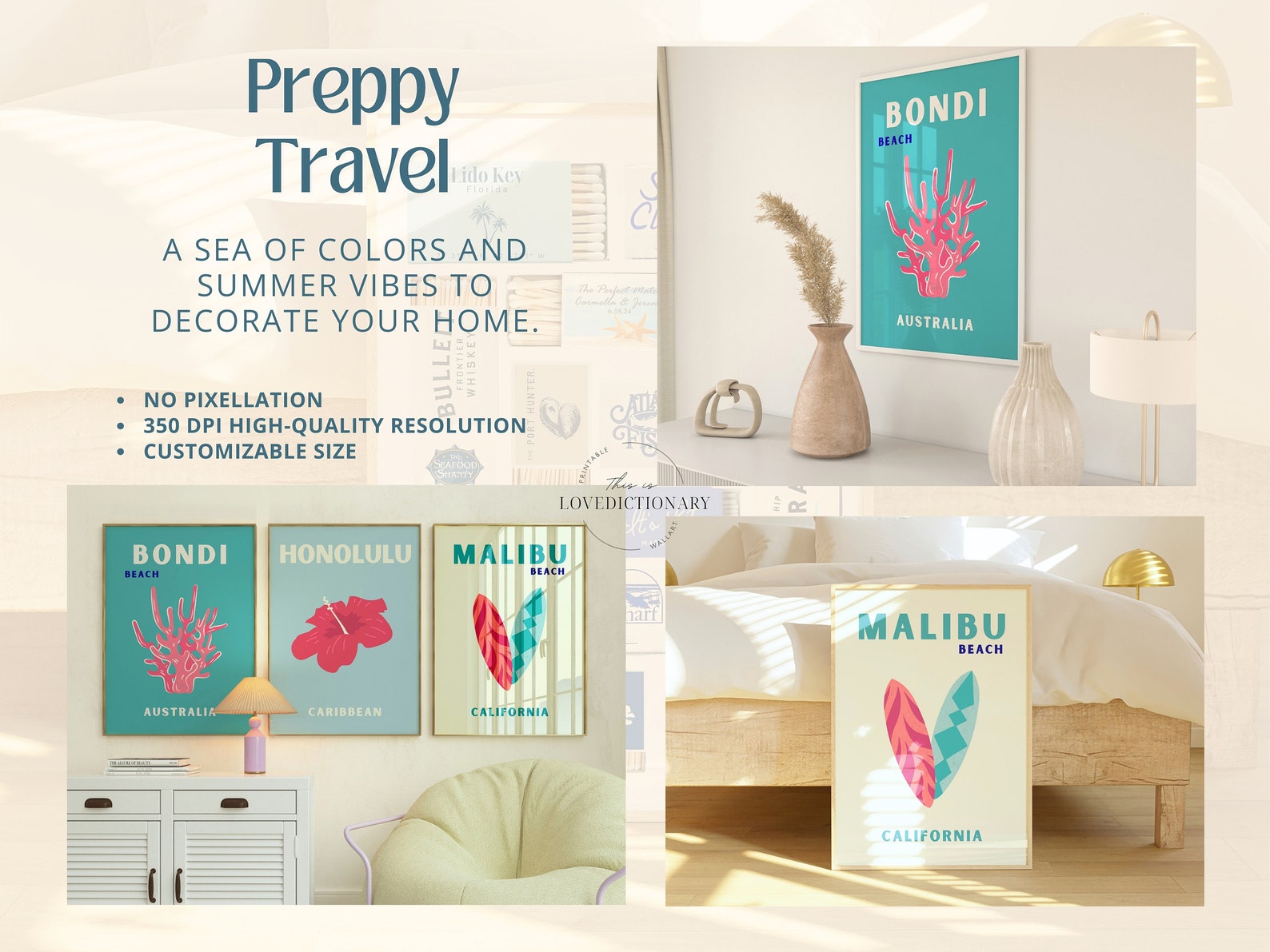 Preppy Beach Posters Set of 3 Prints Blue Girly Wall Art Beachy Room ...