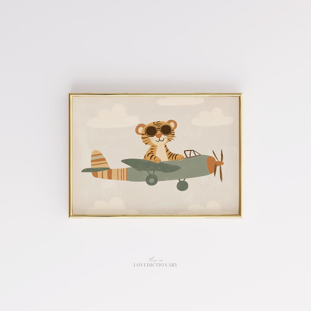 Tiger Pilot Nursery Print, Adventure Animal Wall Art, Retro Kids Room ...