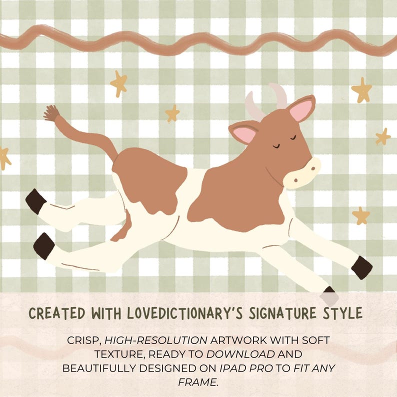 Cow Nursery Print, Neutral Farm Animal Wall Art for Kids, Gingham Baby ...