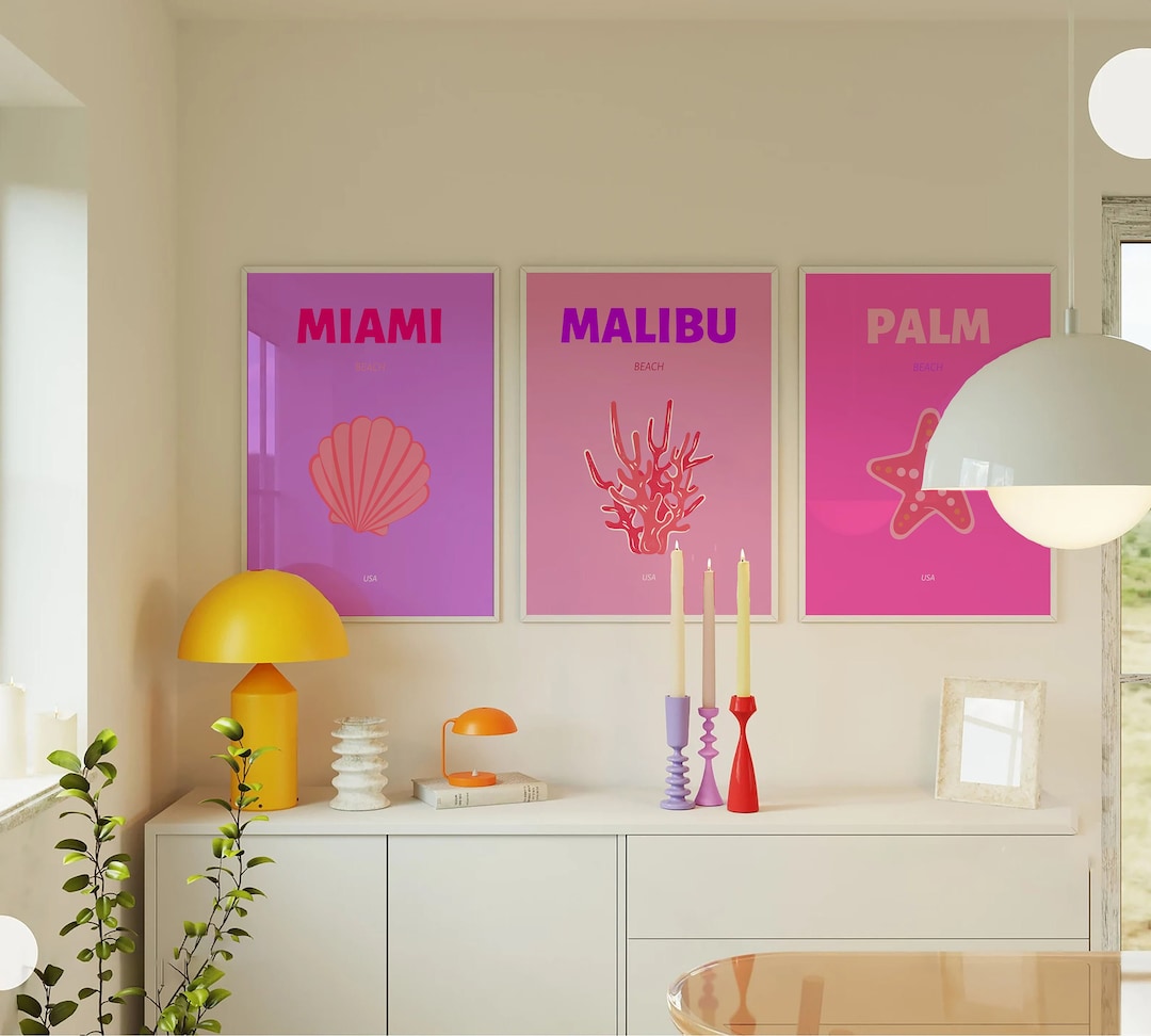 Preppy Beach Posters Set of 3 Prints Pink Girly Wall Art Beachy Room ...