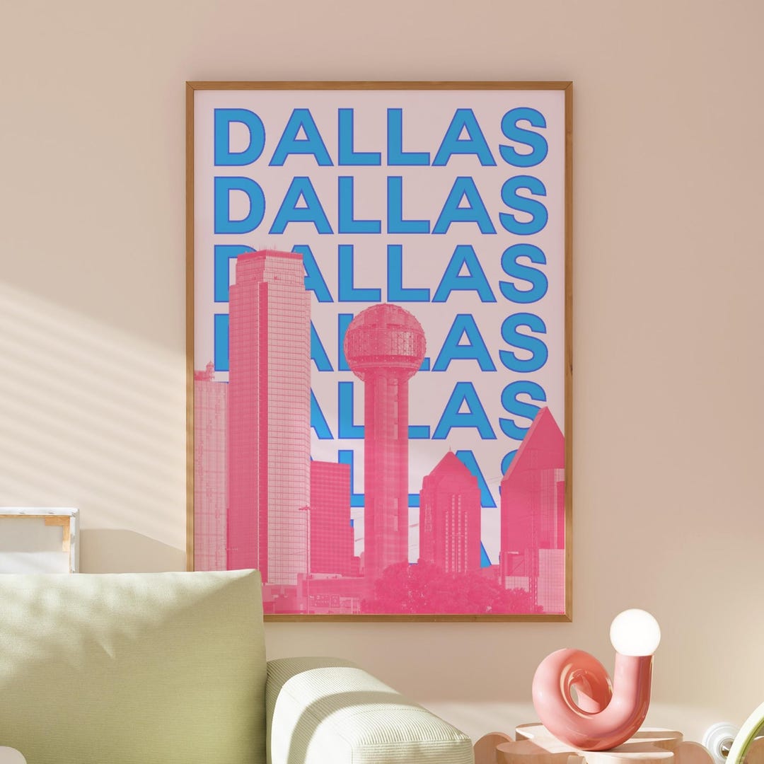 Pink & Blue Dallas Skyline Art Print | Retro Travel Poster (digital ...