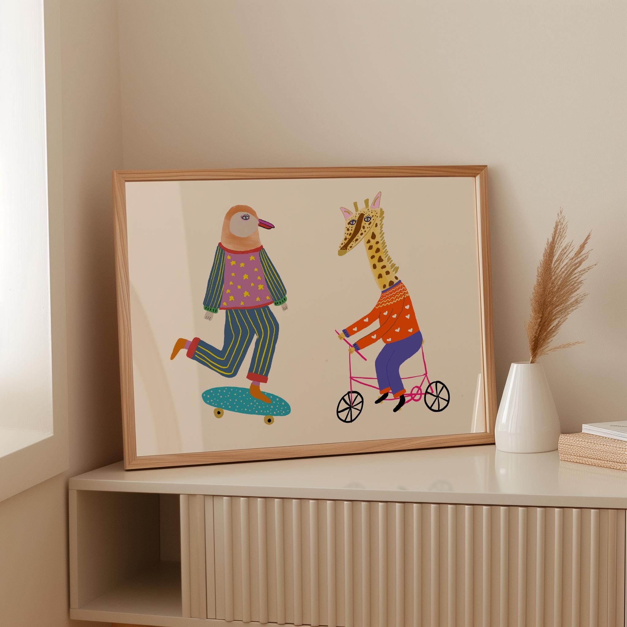 Whimsical Animal Friends Printable Art, Hand Drawn Giraffe and Bird ...