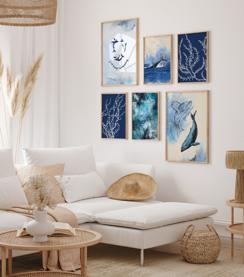 Coral Seaweed, Navy Blue Watercolor Set of 3 Prints, Beach Gallery Wall ...