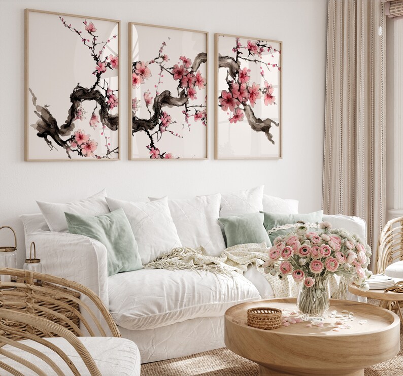Watercolor Cherry Blossoms Wall Art Triptych Colorful - Etsy