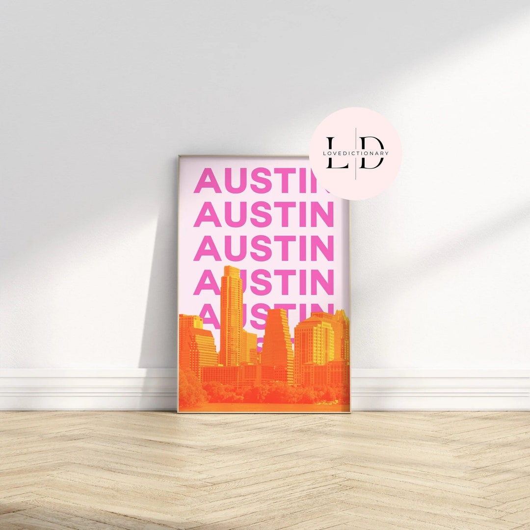 Preppy Travel, Austin Travel Print Digital Art Download Pink Orange ...