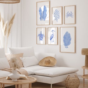 Coral Seaweed, Navy Blue Watercolor Set of 3 Prints, Beach Gallery Wall ...