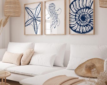 Blue Shell Wall Decor, Set of 3 Art Prints, Conch Shell, Starfish, Sand ...