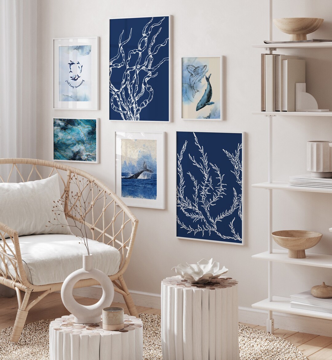 Coral Seaweed, Navy Blue Watercolor Set of 3 Prints, Beach Gallery Wall ...