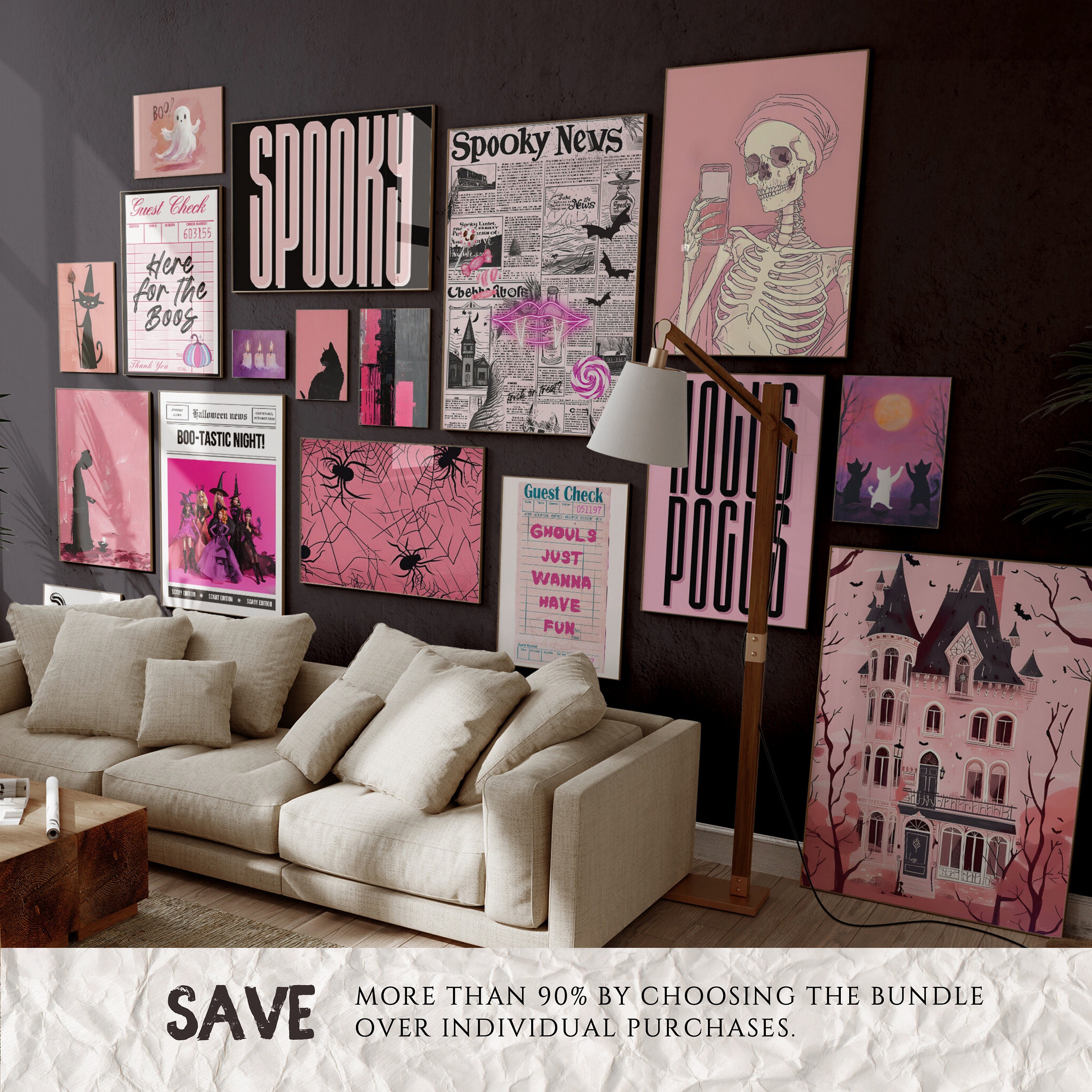 Pink Halloween Gallery Wall Art Prints, Spooky Dark Academia Decor ...