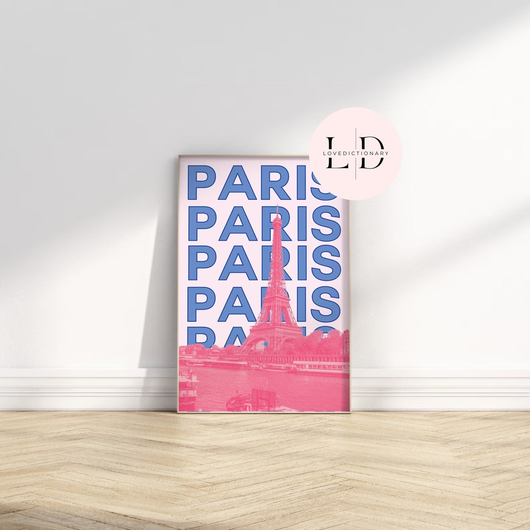 Preppy Travel, Paris Travel Print Digital Art Download Pink Blue Paris ...
