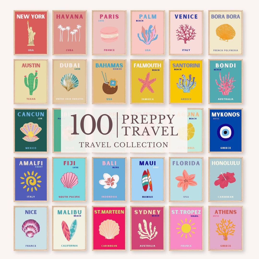 Preppy Room Decor Travel Poster Bundle Set of 100, Wall Collage Set ...