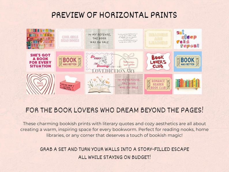 Bookish Wall Art, Book Lover Wall Prints Set, Hand Drawing Bookish ...