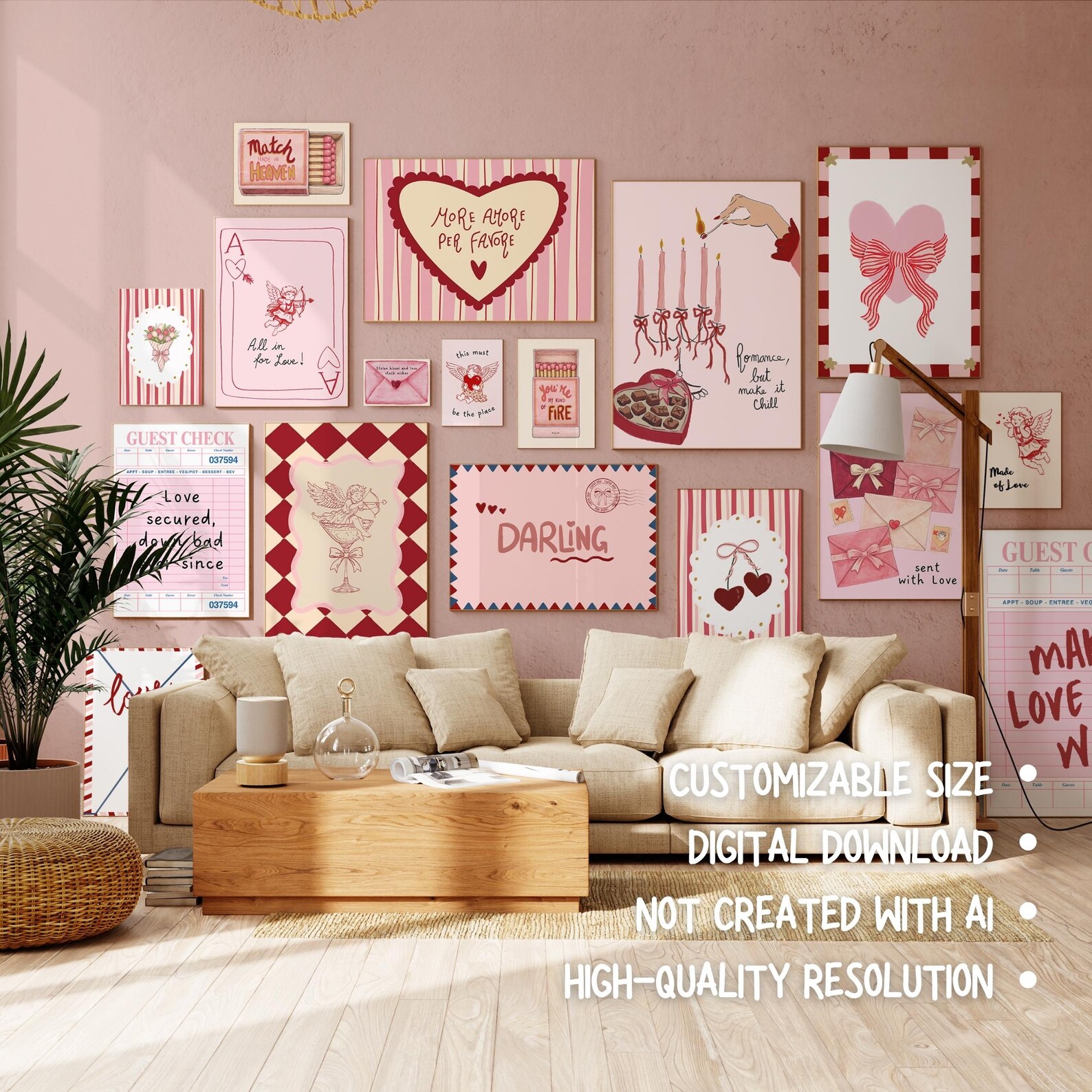 Valentine's Day Gallery Wall Art Prints, Trendy Pink Red Decor (digital ...
