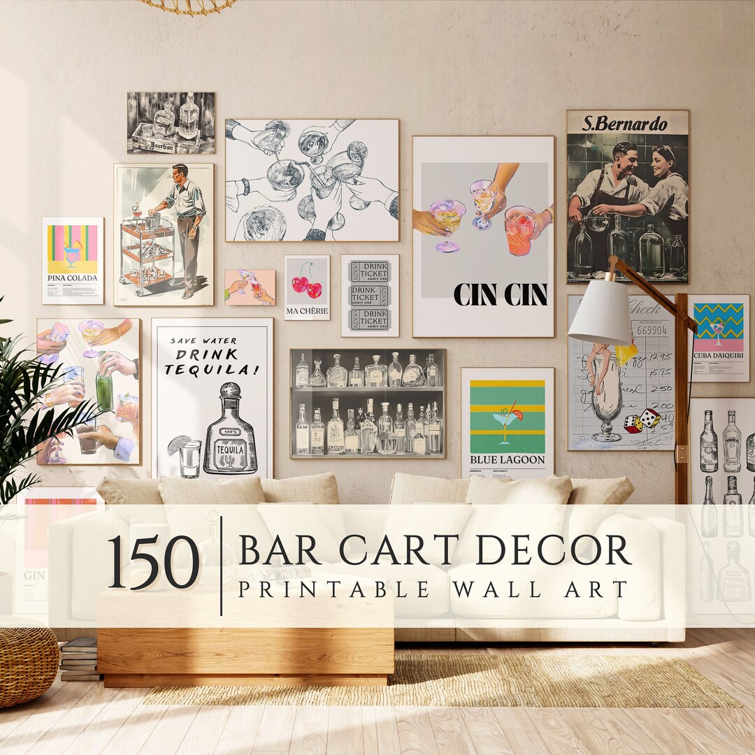 150 Bar Cart Prints Bundle, Bar Cart Wall Decor, Cocktail Posters, Bar ...