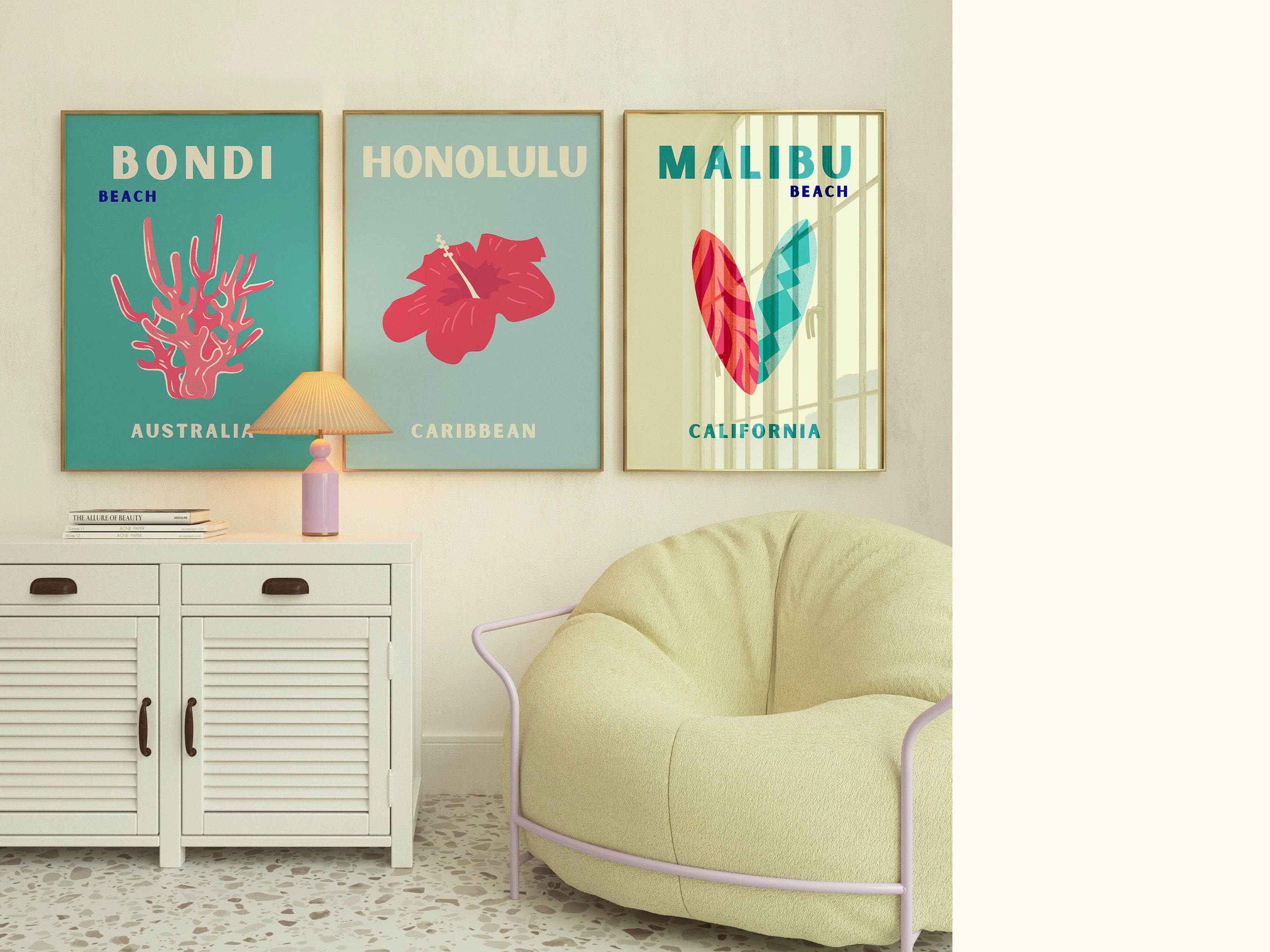 Preppy Beach Posters Set of 3 Prints Blue Girly Wall Art Beachy Room ...