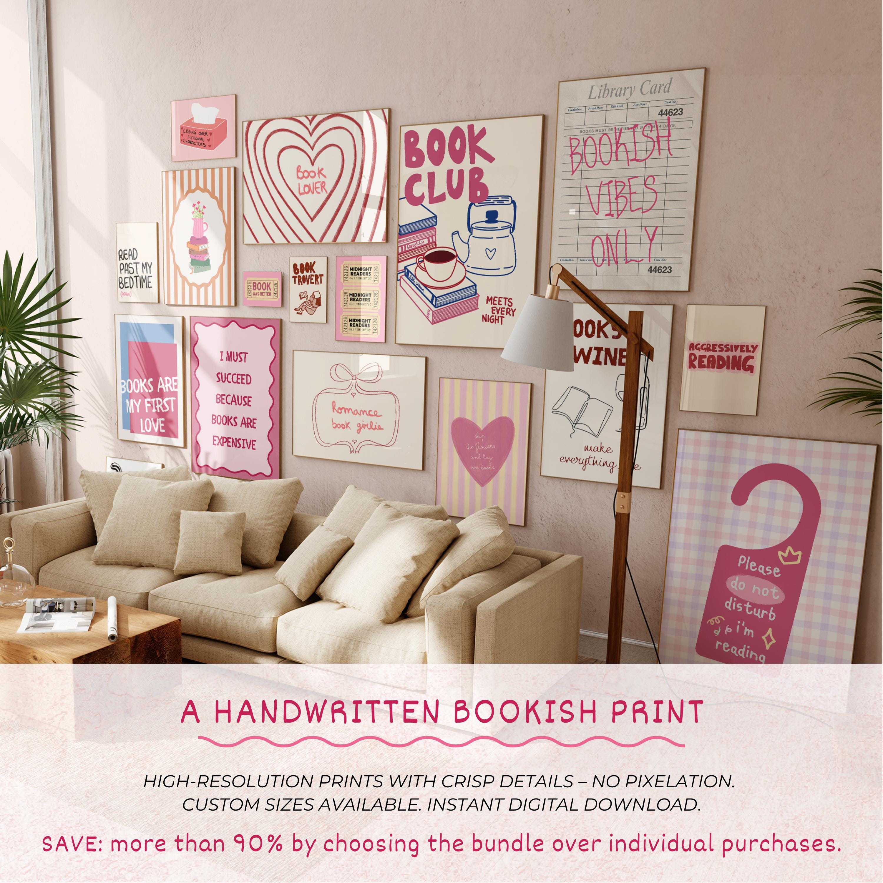 Bookish Wall Art, Book Lover Wall Prints Set, Hand Drawing Bookish ...