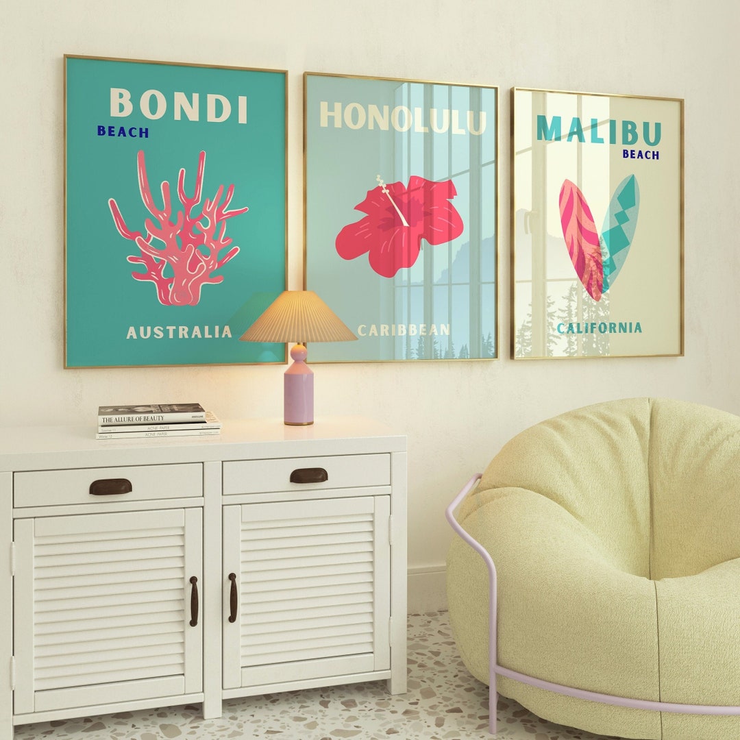 Preppy Beach Posters Set of 3 Prints Blue Girly Wall Art Beachy Room ...