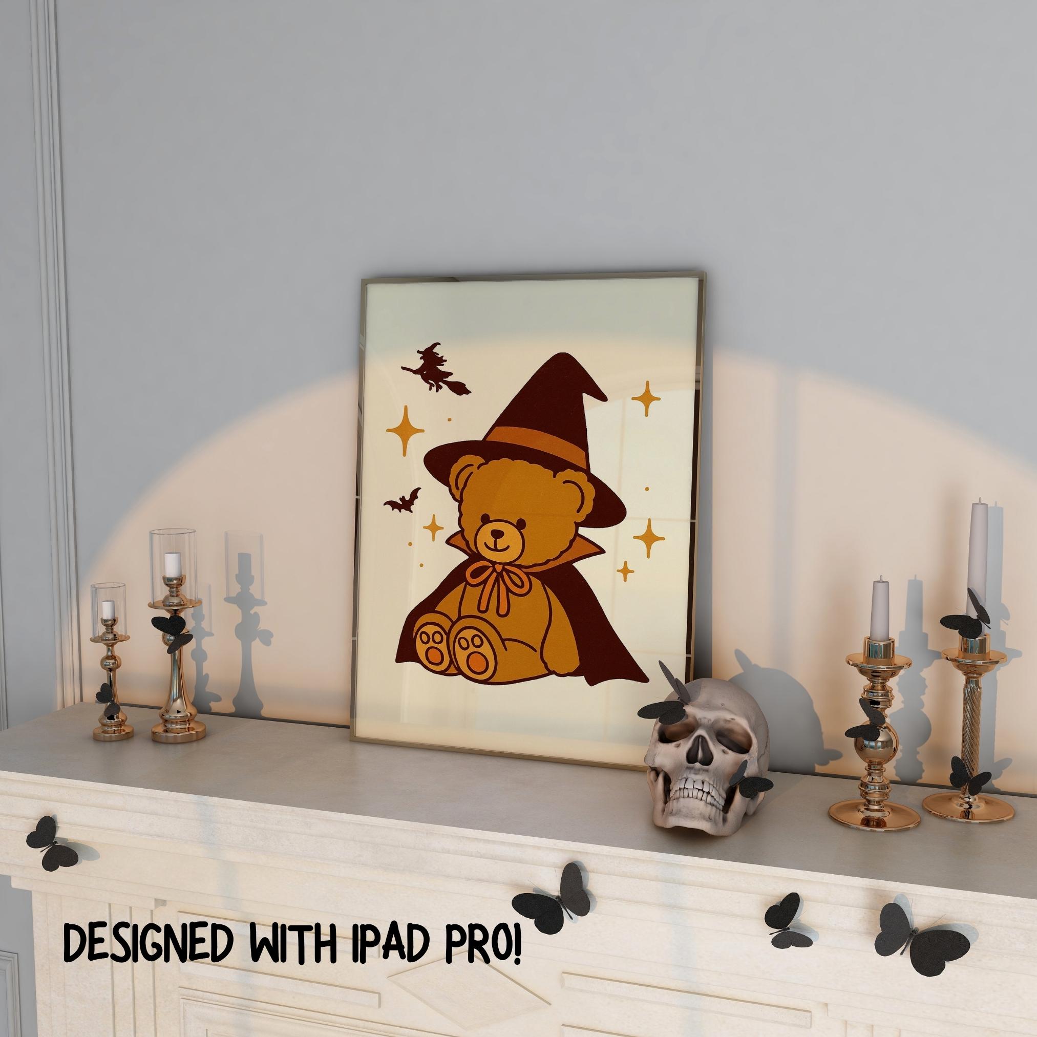 Witch Bear Halloween Print, Cute Teddy in Hat Wall Art, Retro Magic ...