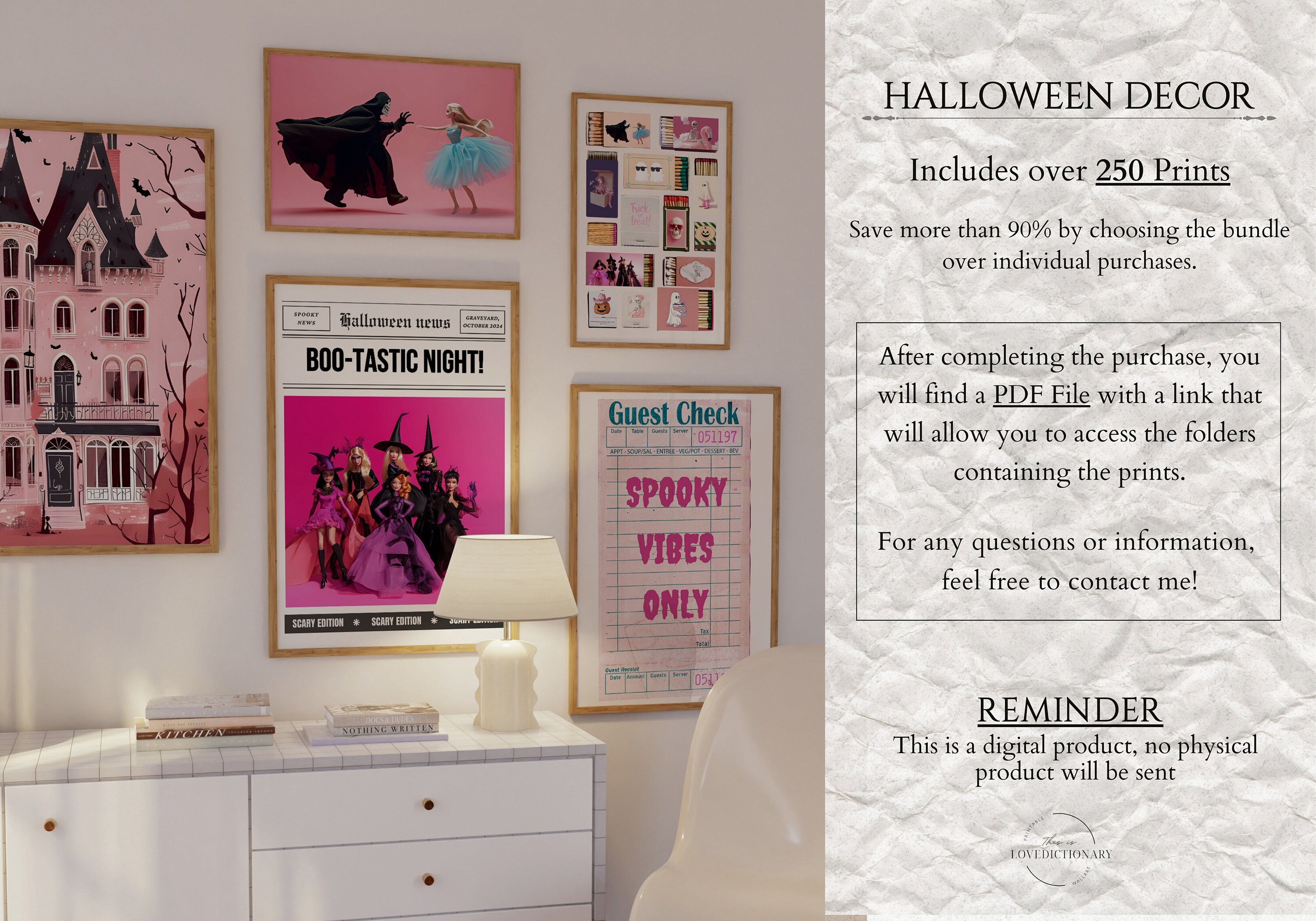 Pink Halloween Gallery Wall Art Prints, Spooky Dark Academia Decor ...