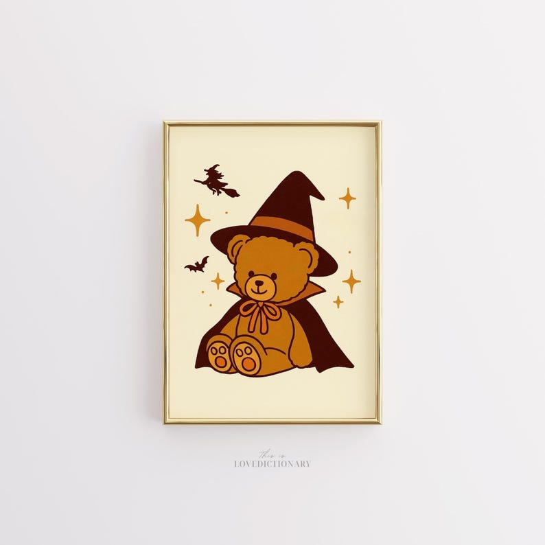 Witch Bear Halloween Print, Cute Teddy in Hat Wall Art, Retro Magic ...