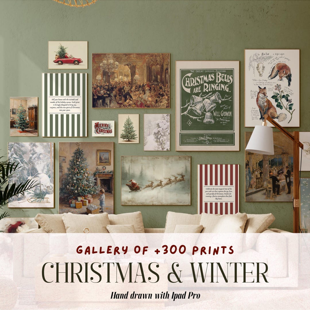 Vintage Christmas Gallery Wall Set, Winter Wall Art Bundle, 300 Retro ...