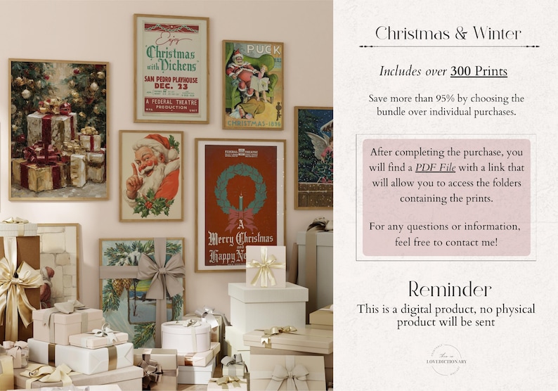 Vintage Christmas Gallery Wall Set, Winter Wall Art Bundle, 300 Retro ...