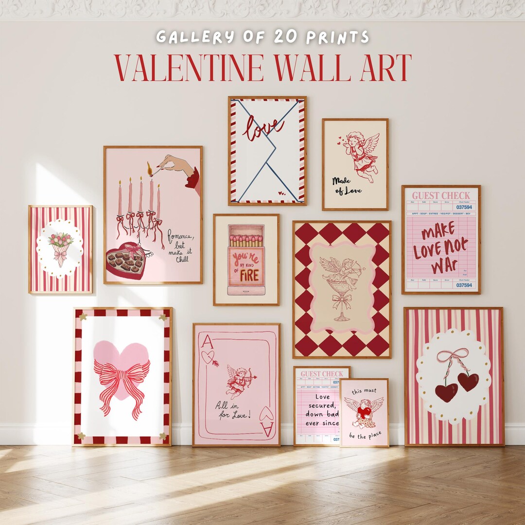 Valentine's Day Gallery Wall Art Prints, Trendy Pink Red Decor (digital ...