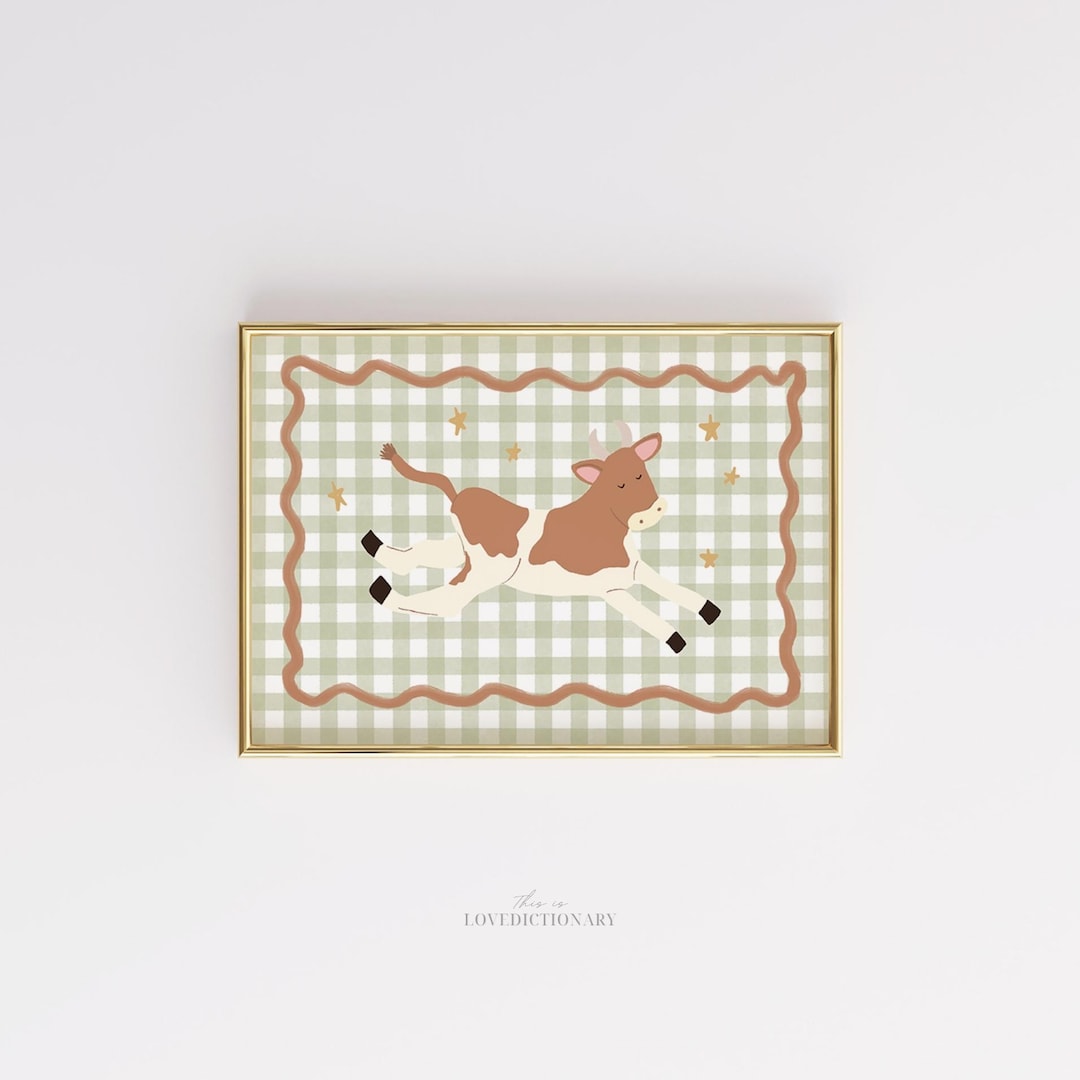 Cow Nursery Print, Neutral Farm Animal Wall Art for Kids, Gingham Baby ...