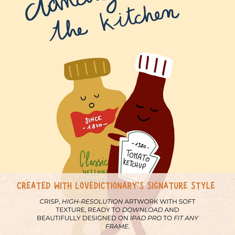 Dancing in the Kitchen Wall Art, Cute Mustard and Ketchup Illustration ...