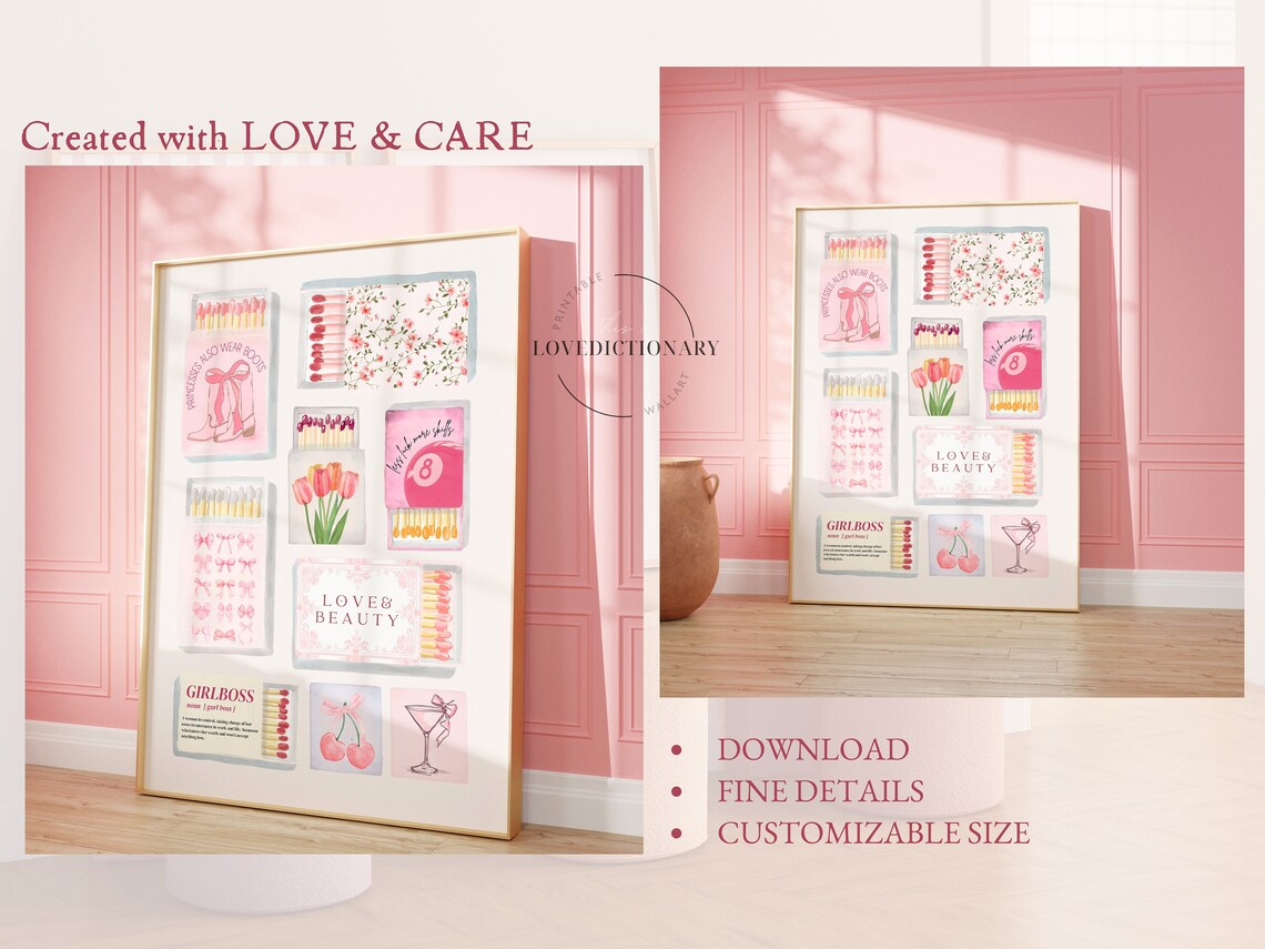 Watercolor Matchbox Print, Trendy Pink Aesthetic Wall Art (digital ...