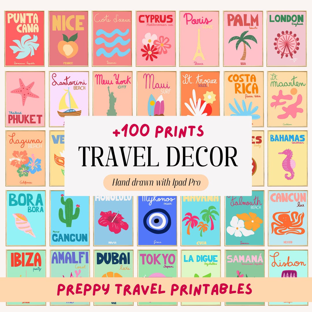 Preppy Travel Gallery Wall Set of 100, Preppy Poster, Hand Drawing ...