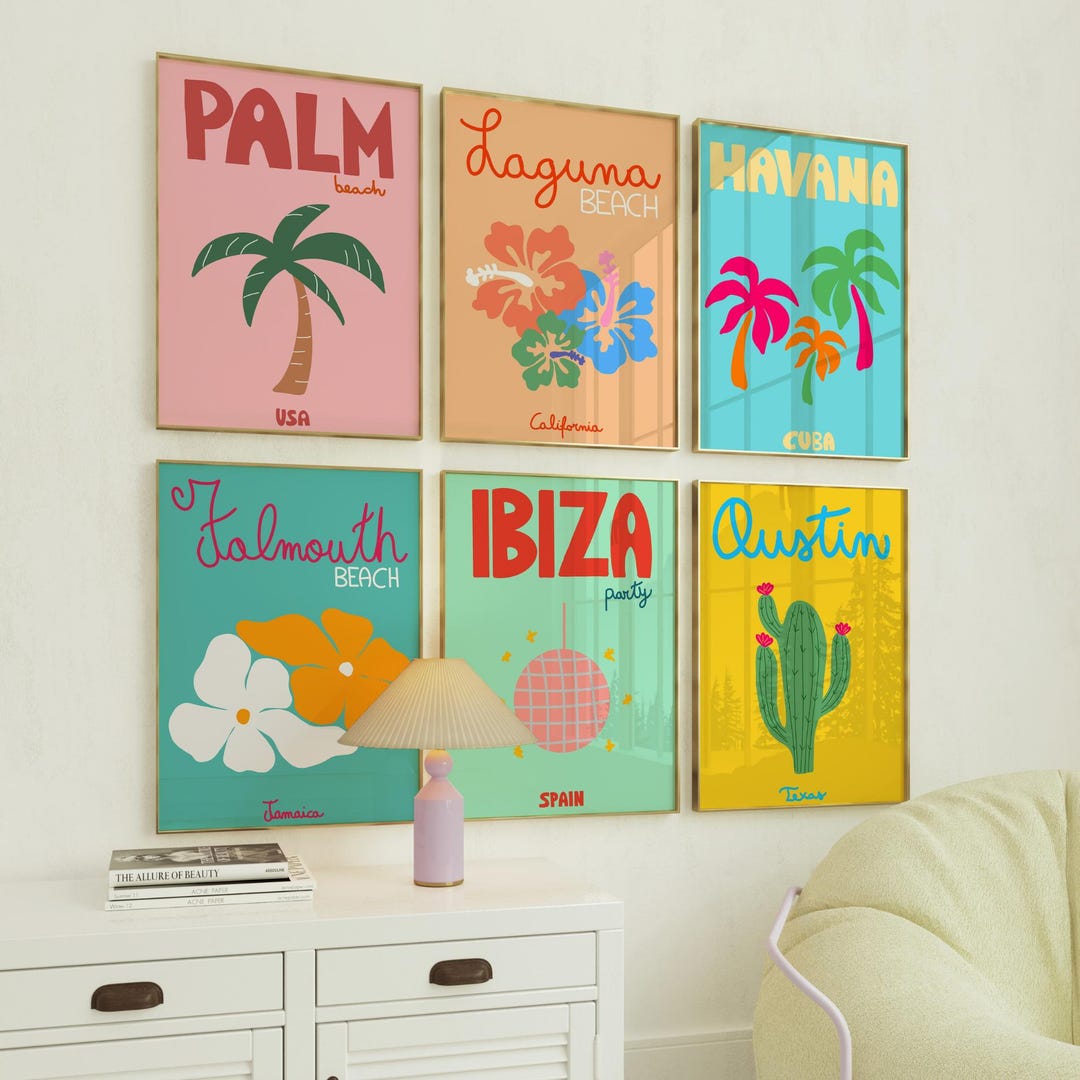 Preppy Beach Posters Set of 6, Preppy Travels Wall Art, College Room ...