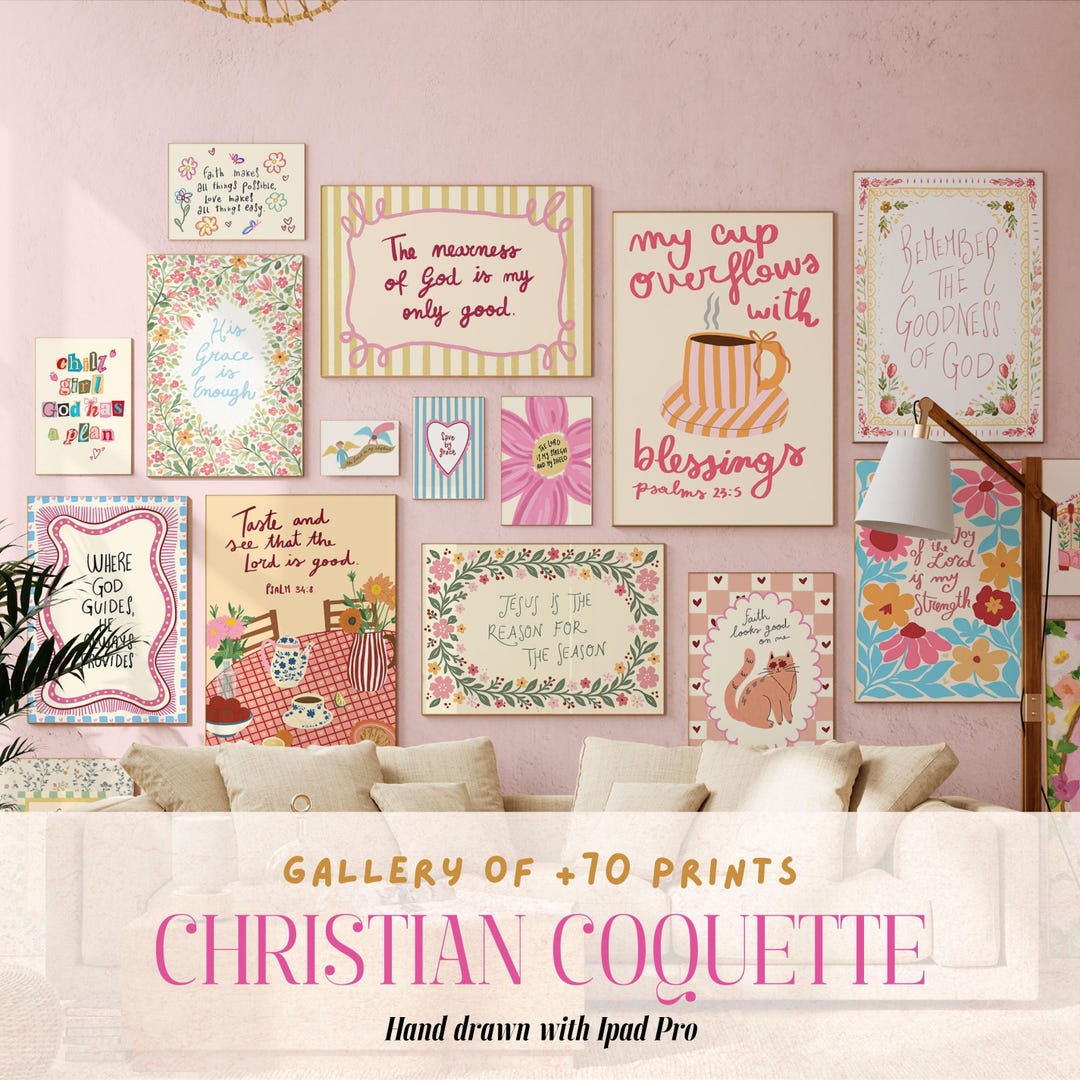 Christian Coquette Wall Art Set, Feminine Bible Verse Prints, Pink ...