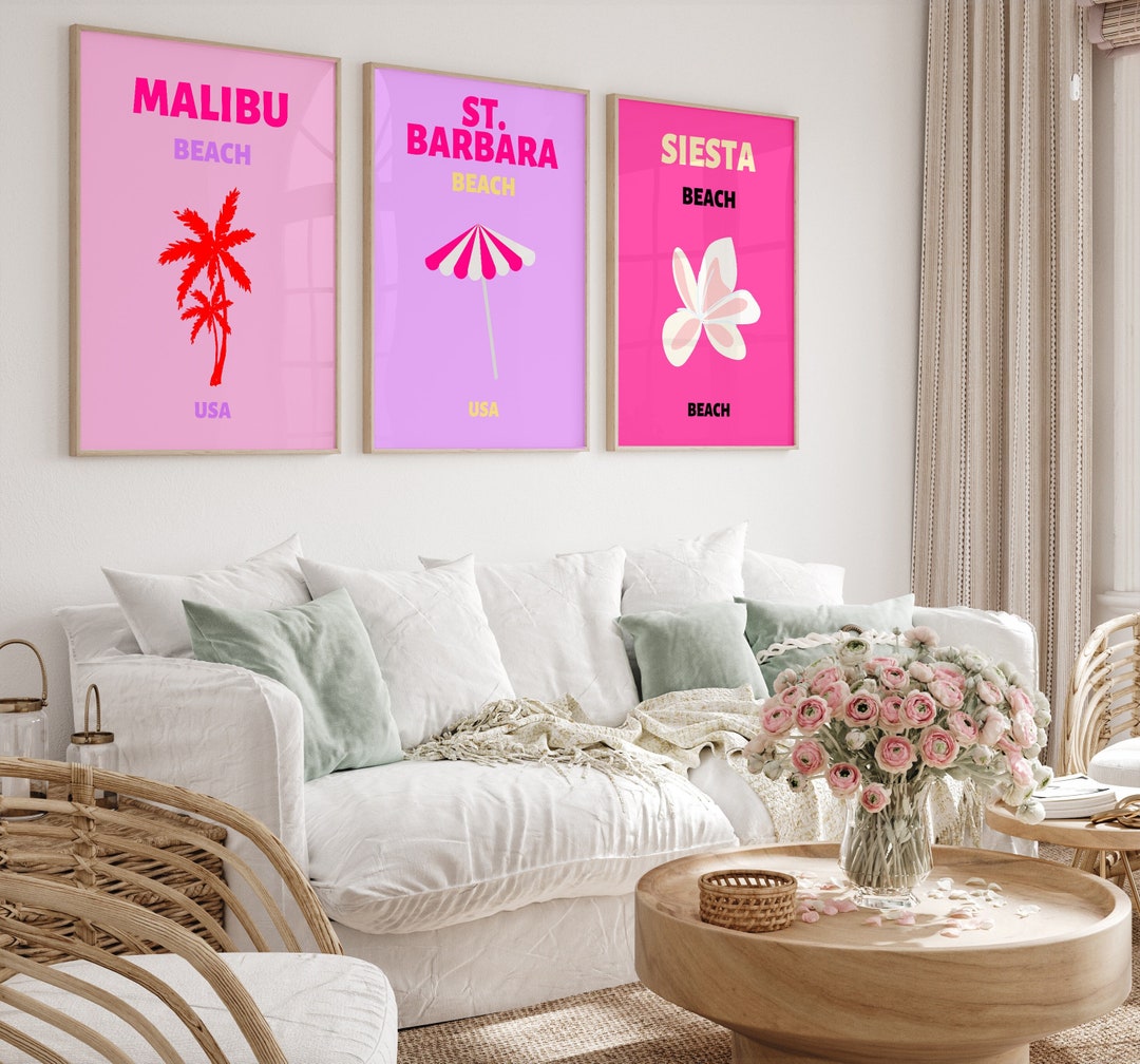 Preppy Beach Posters Set of 3 Prints Pink Girly Wall Art Beachy Room ...