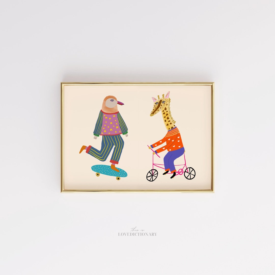 Whimsical Animal Friends Printable Art, Hand Drawn Giraffe and Bird ...