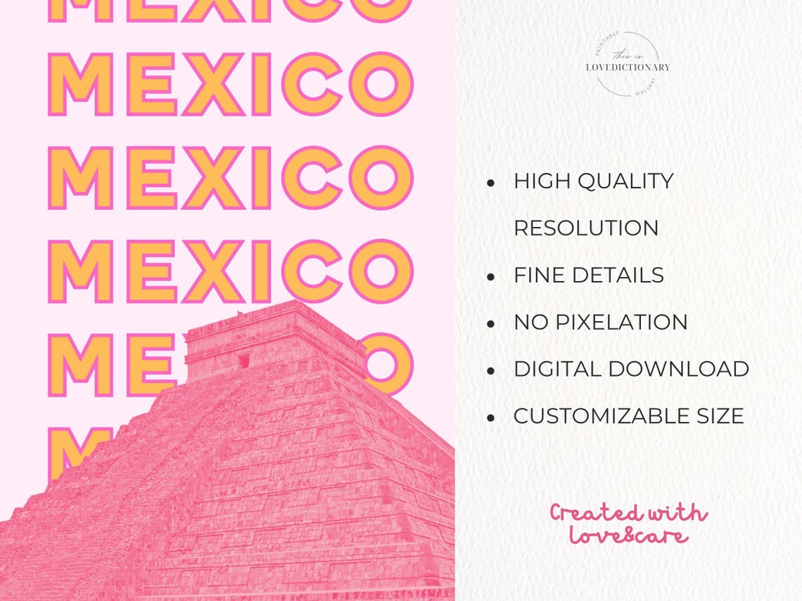Mexico Travel Print | Digital Art Download | Pink Teocalli Mexico Art ...
