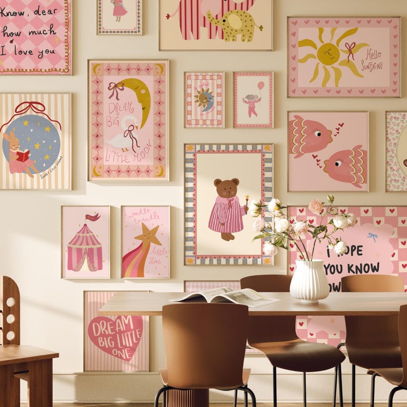 Pink Girl Nursery Wall Art Prints, Animals, Gallery Set (digital ...