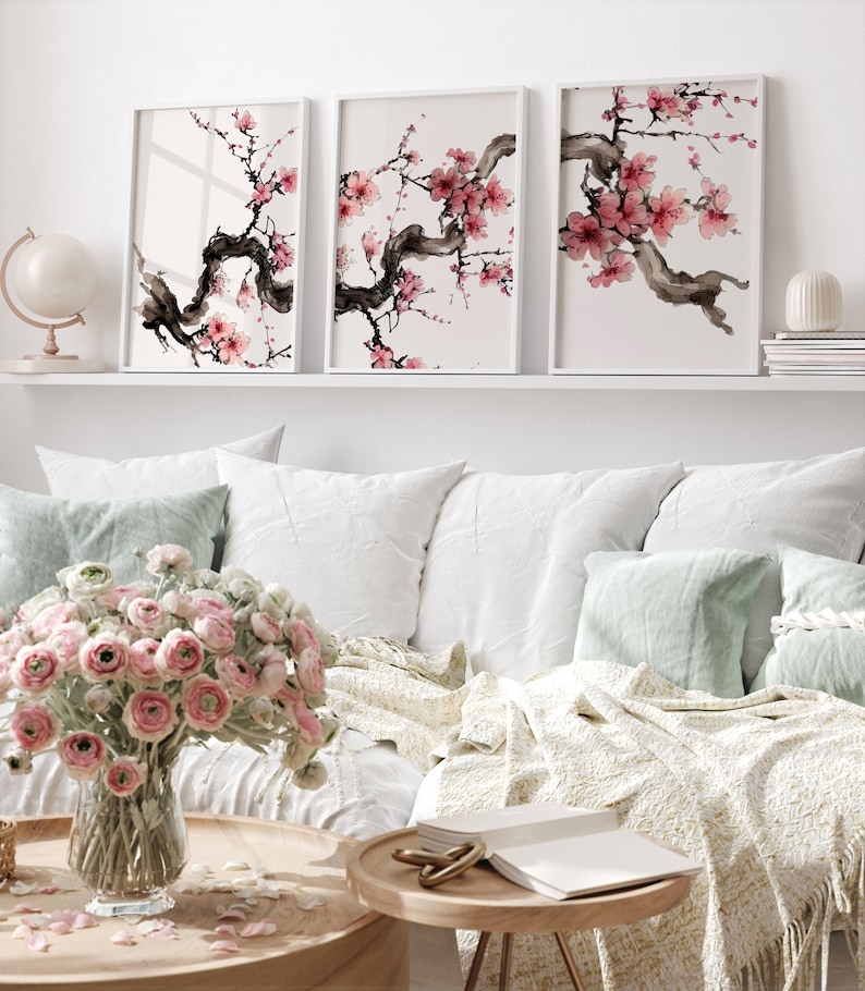 Watercolor Cherry Blossom Triptych | Botanical Gallery Wall Art ...