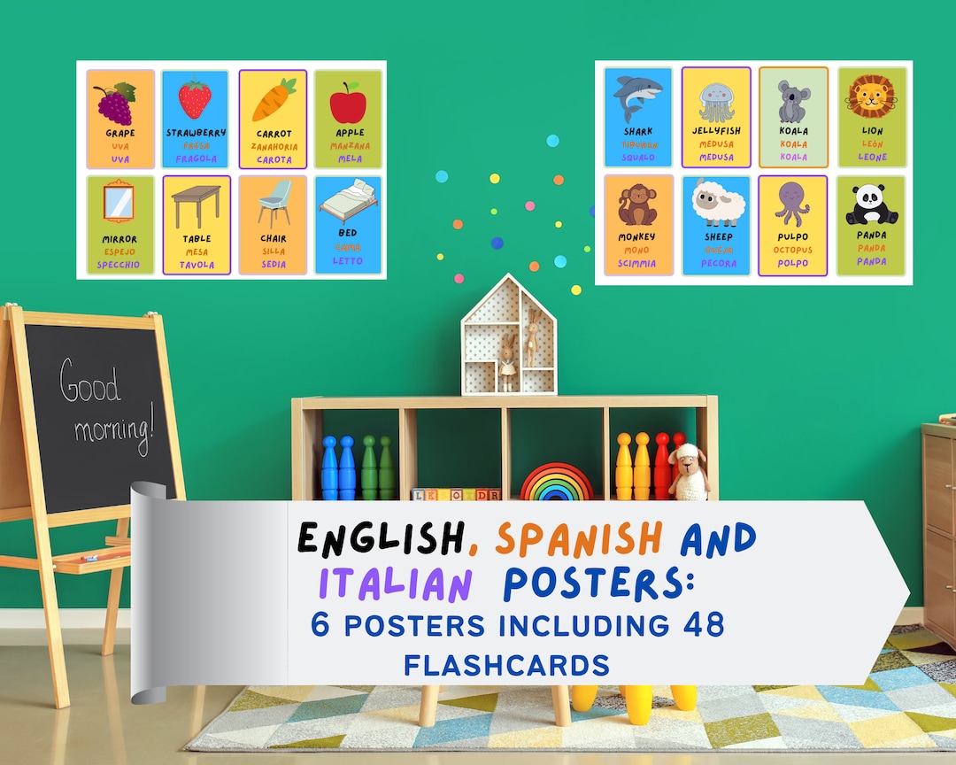 48 English, Spanish and Italian First Words Flashcards. Excellent for ...